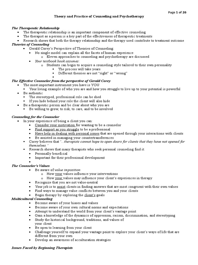 Corey Powerpoints Theories (Outline Form) | Behaviour Therapy ...