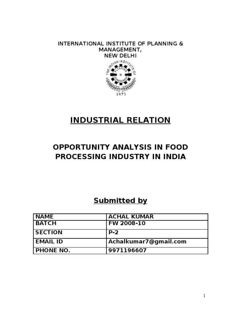Industrial Relation: Opportunity Analysis in Food Processing Industry ...