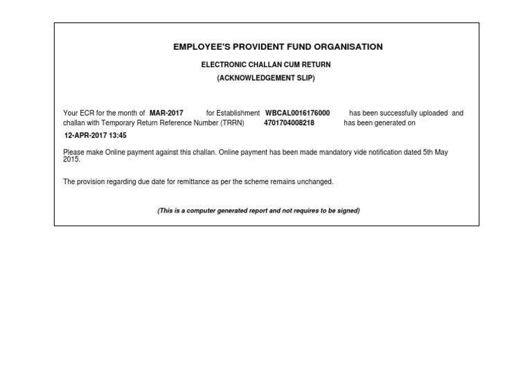 EPFO Electronic Challan Acknowledgement | PDF