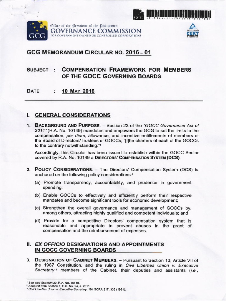 GCG MC 2016-01, Compensation Framework For Members of The GOCC ...