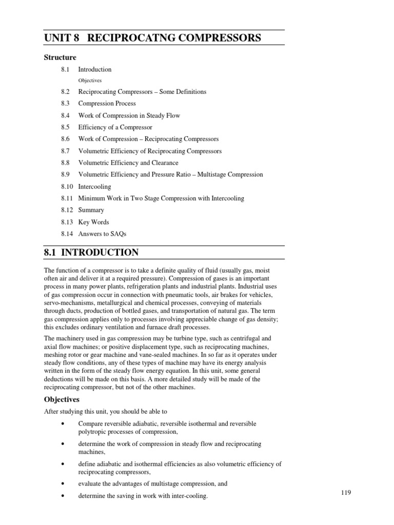 Unit 8 Reciprocatng Compressors: Structure | PDF | Gas Compressor | Piston