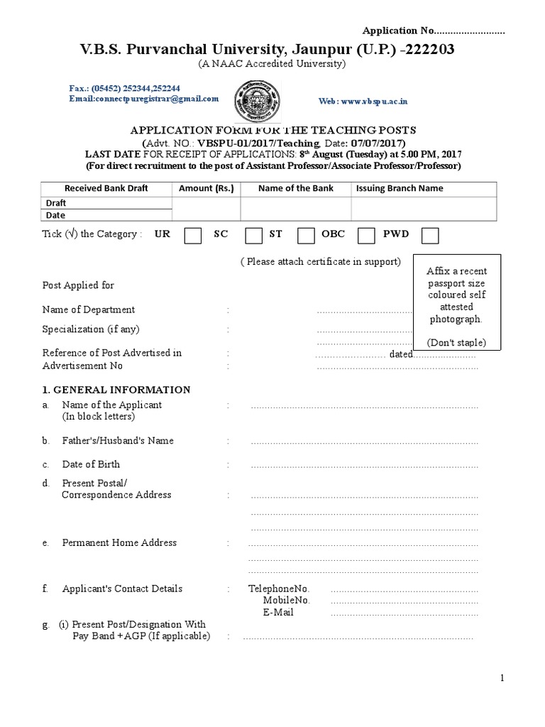 V.B.S. Purvanchal University, Jaunpur (U.P.) - 222203: Application Form For The Teaching Posts ...