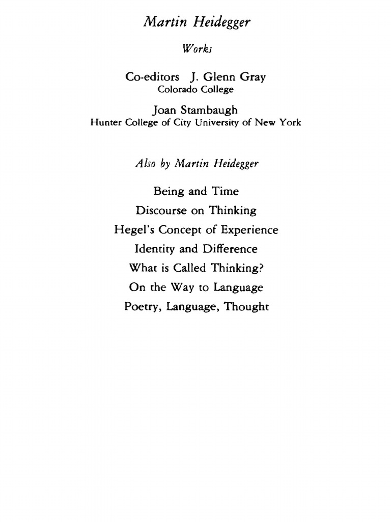 Martin Heidegger Joan Stambaugh Translator On Time and Being 1977 PDF ...