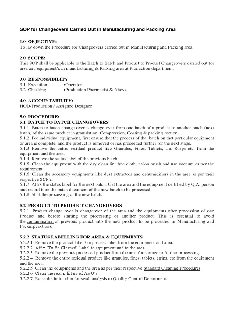 SOP For Changeovers Carried Out in Manufacturing and Packing Area | PDF ...