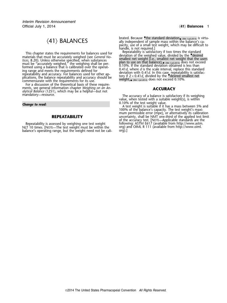 USP 41 Balances | PDF | Weighing Scale | Accuracy And Precision