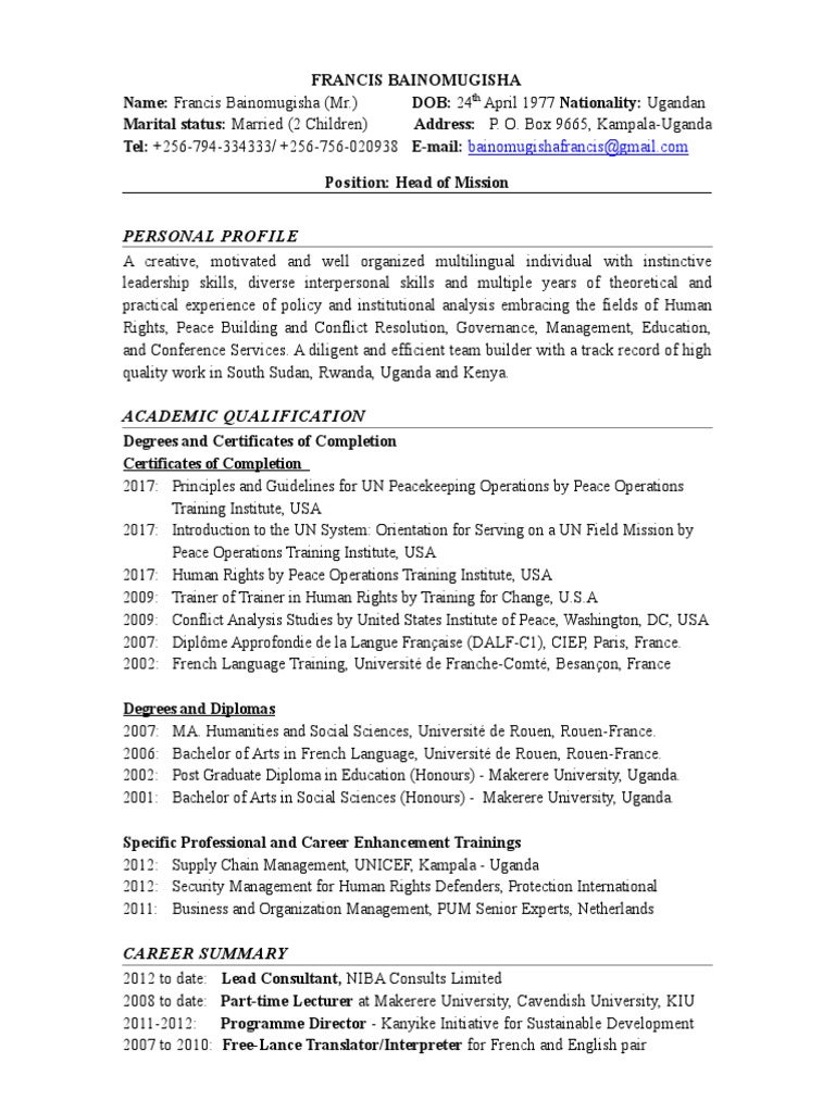 Curriculum Vitae for Francis Bainomugisha | Uganda | Academic Degree