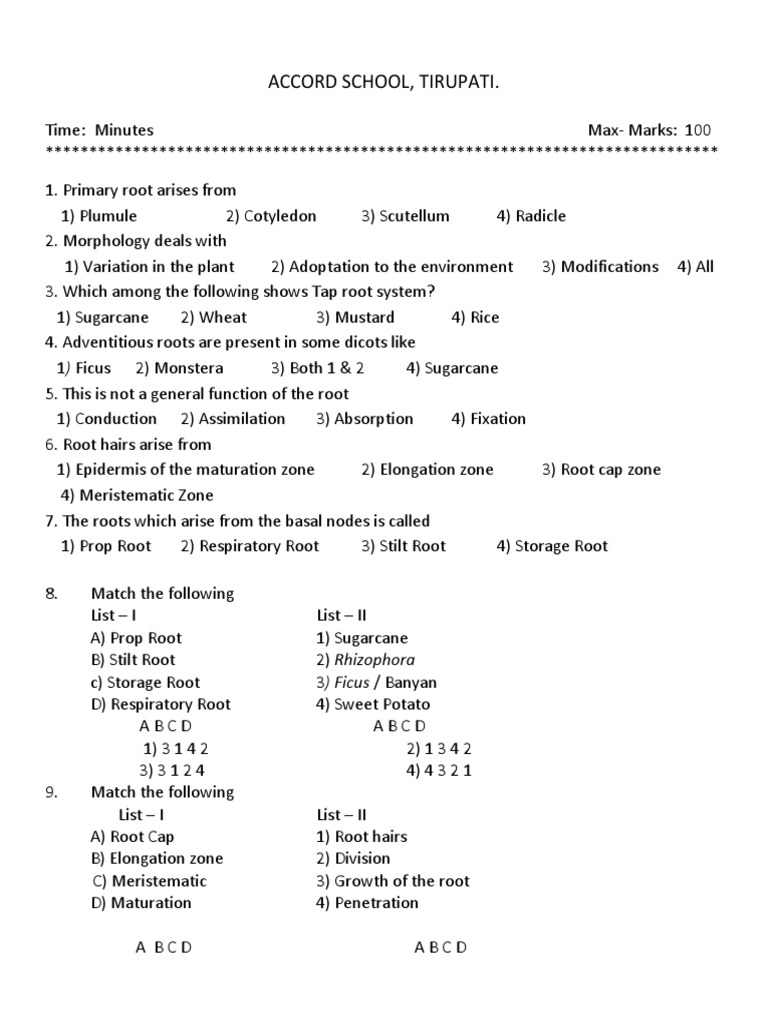 Root and Stem Modifications: A Multiple Choice Question Assessment on ...