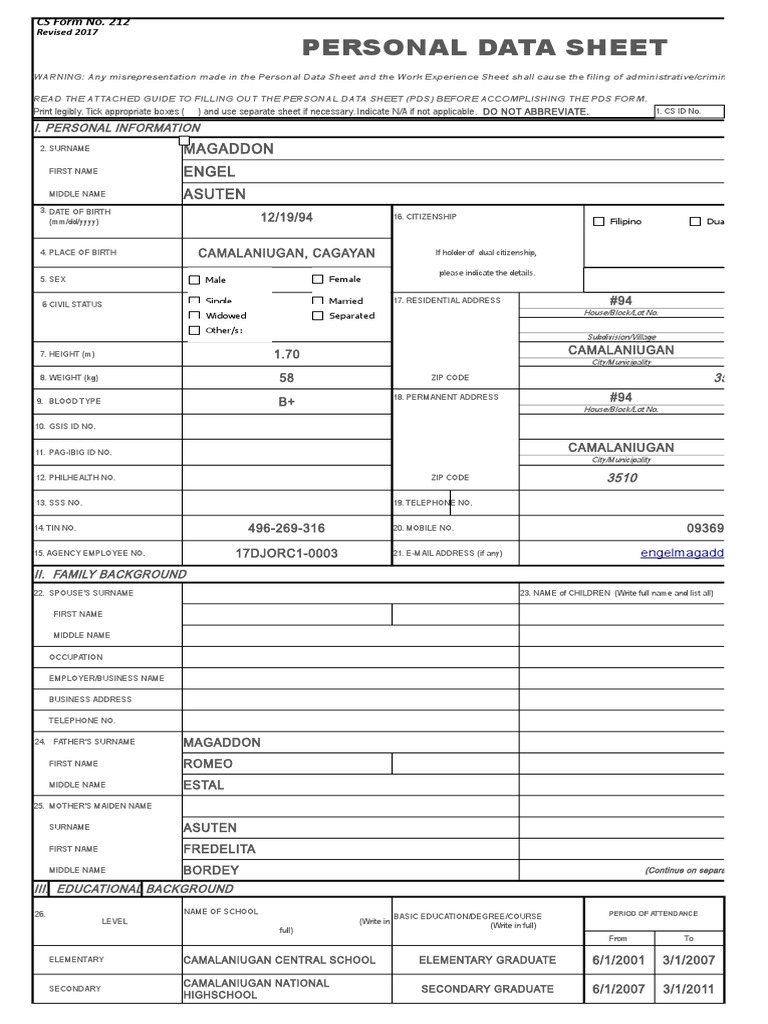 Personal Data Sheet: Magaddon Engel Asuten | Download Free PDF ...