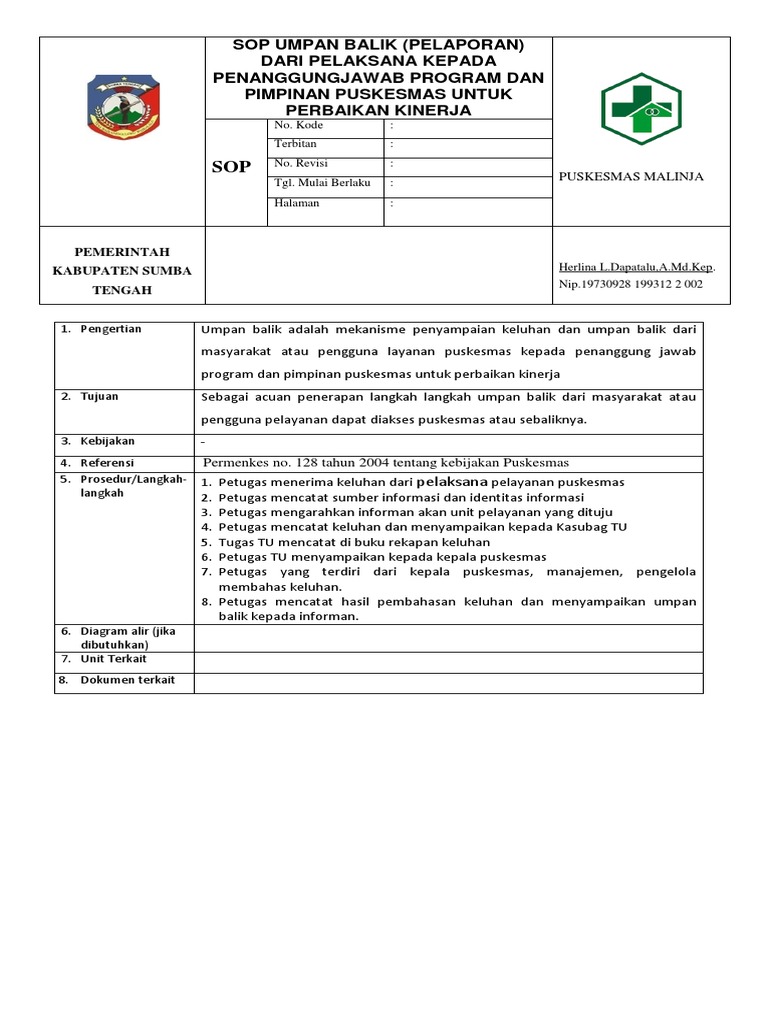 Sop Umpan Balik (Pelaporan) Dari Pelaksana Kepada Penanggungjawab Program Dan Pimpinan Puskesmas ...