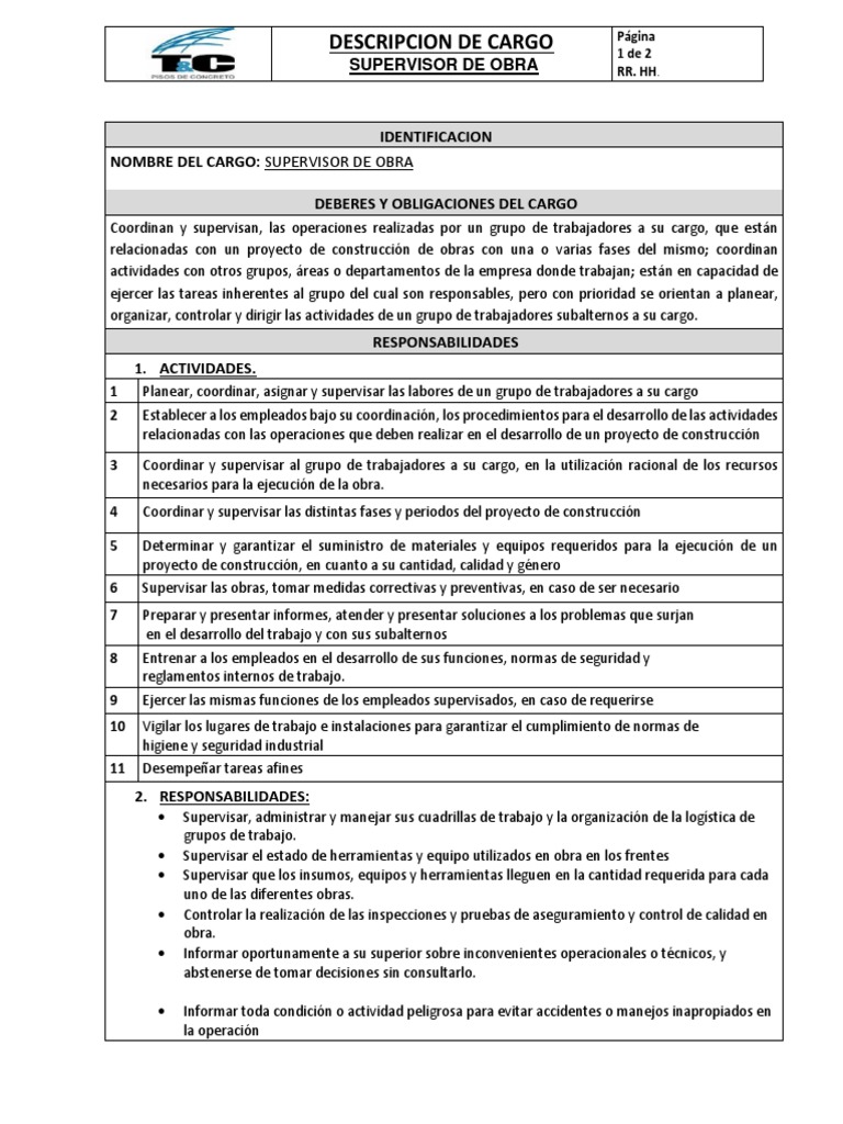 Supervisor de Obra | Calidad (comercial) | Tecnología