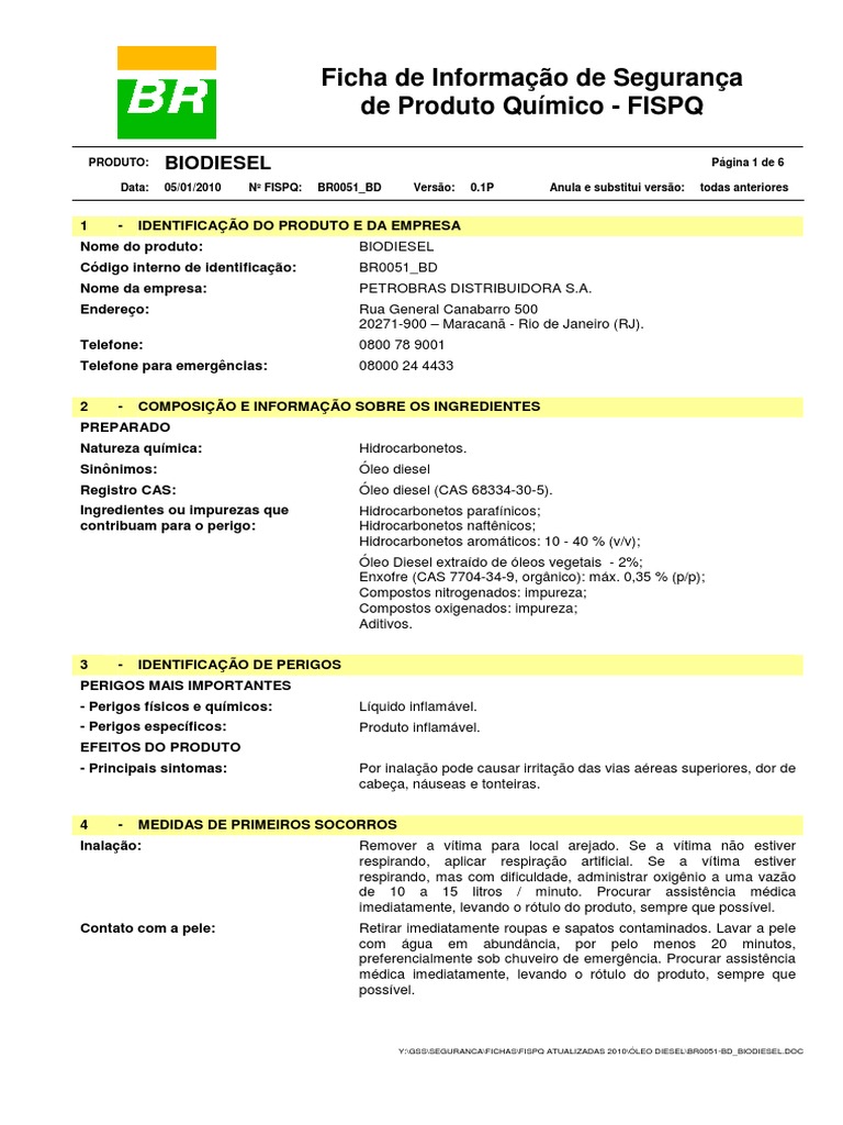 Ficha de Informação de Segurança de Produto Químico - FISPQ: Biodiesel