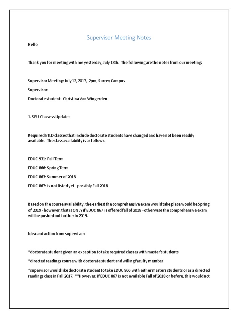 Supervisor Meeting Notes - July 2017 | PDF | Doctorate | Thesis