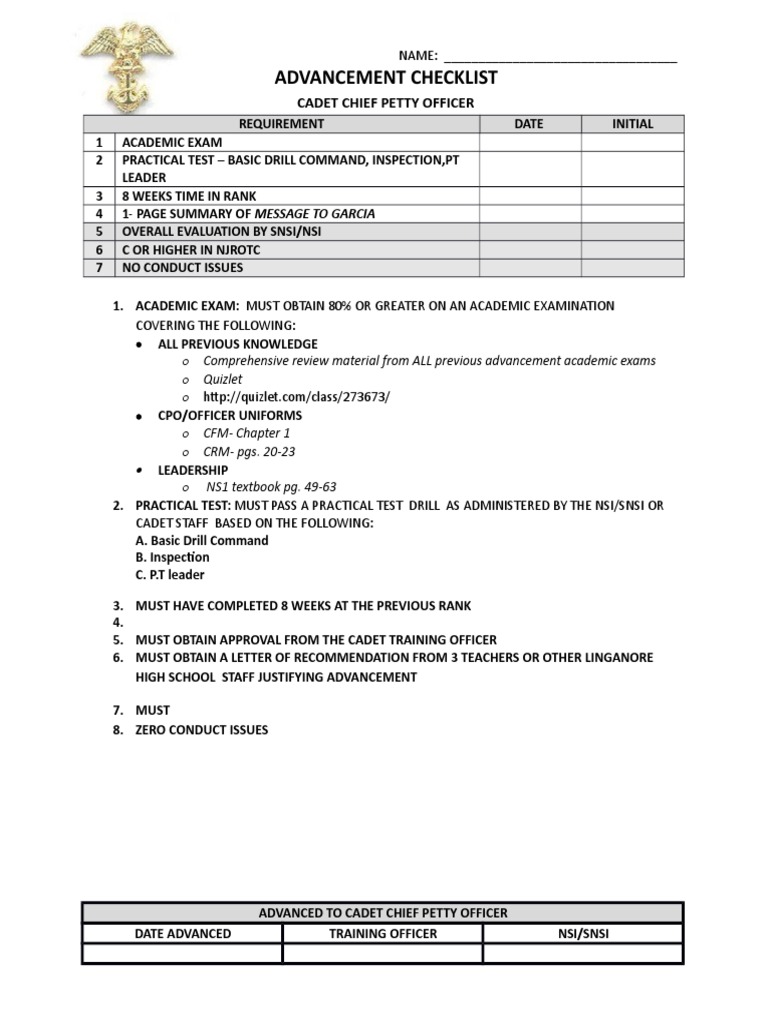Advancement Checklist CPO | PDF | Test (Assessment) | Behavior Modification