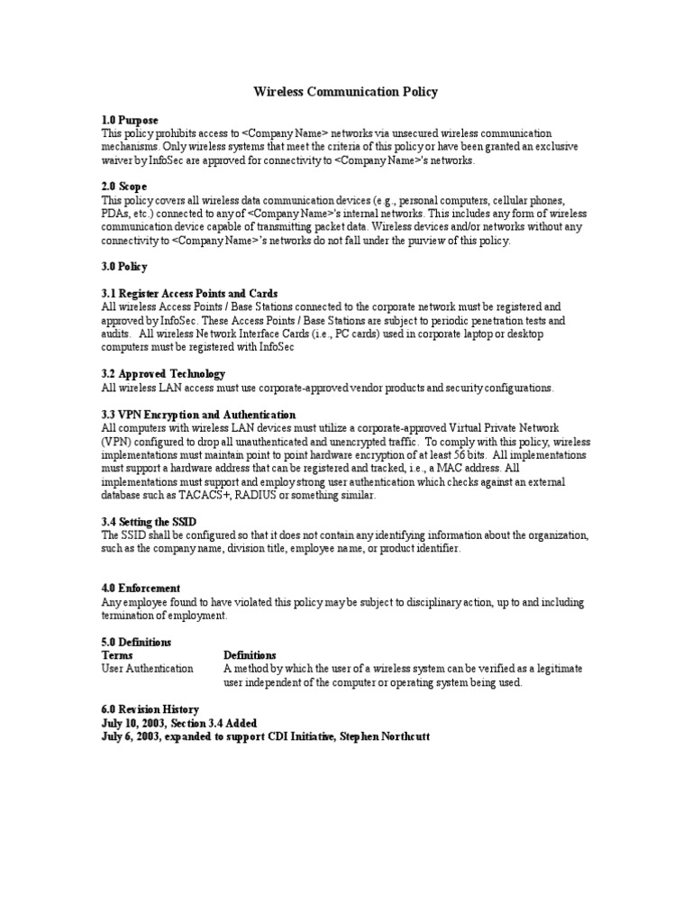 Wireless Communication Policy | PDF | Wireless Lan | Virtual Private ...