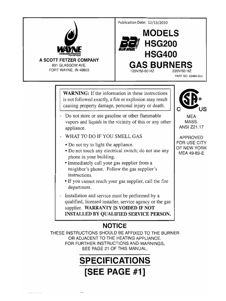 Models HSG200 HSG400 Gas Burners: Notice | PDF | Furnace | Chimney