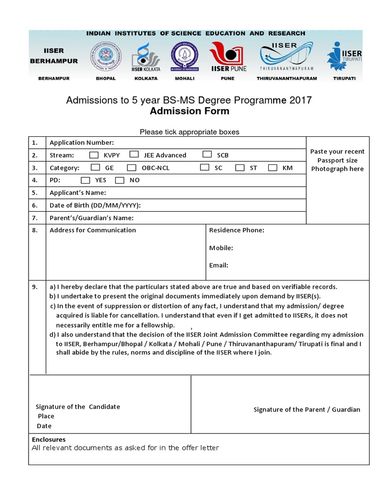 Admissions To 5 Year BS-MS Degree Programme 2017: Admission Form | PDF ...