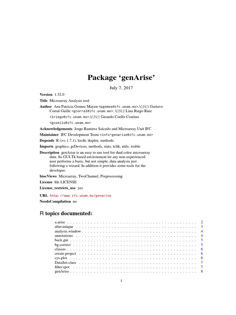 Package Genarise': R Topics Documented | PDF | Parameter (Computer Programming) | Dna Microarray