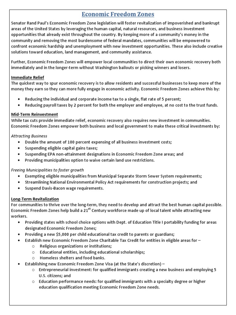 Economic Freedom Zones Act One Pager | PDF | Economic Freedom | Taxes