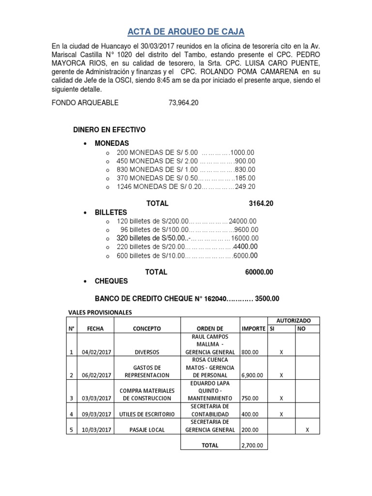 ACTA DE ARQUEO DE CAJA.docx | Dinero | Contabilidad