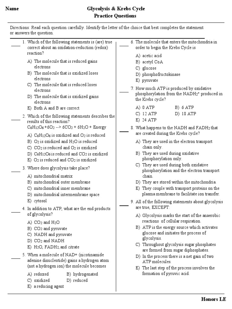 Glycolysis & Krebs Cycle Practice MCQs | PDF | Glycolysis | Adenosine ...