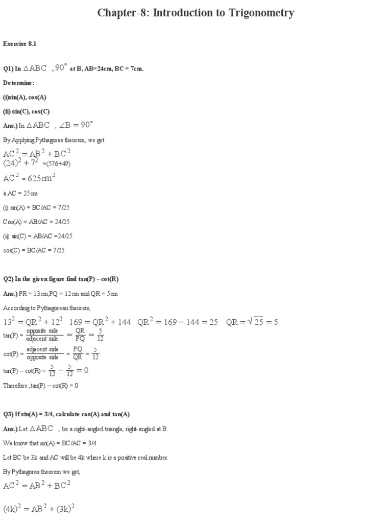Trigonometry - NCERT Solutions For Class 10 Mathematics | PDF | Sine ...