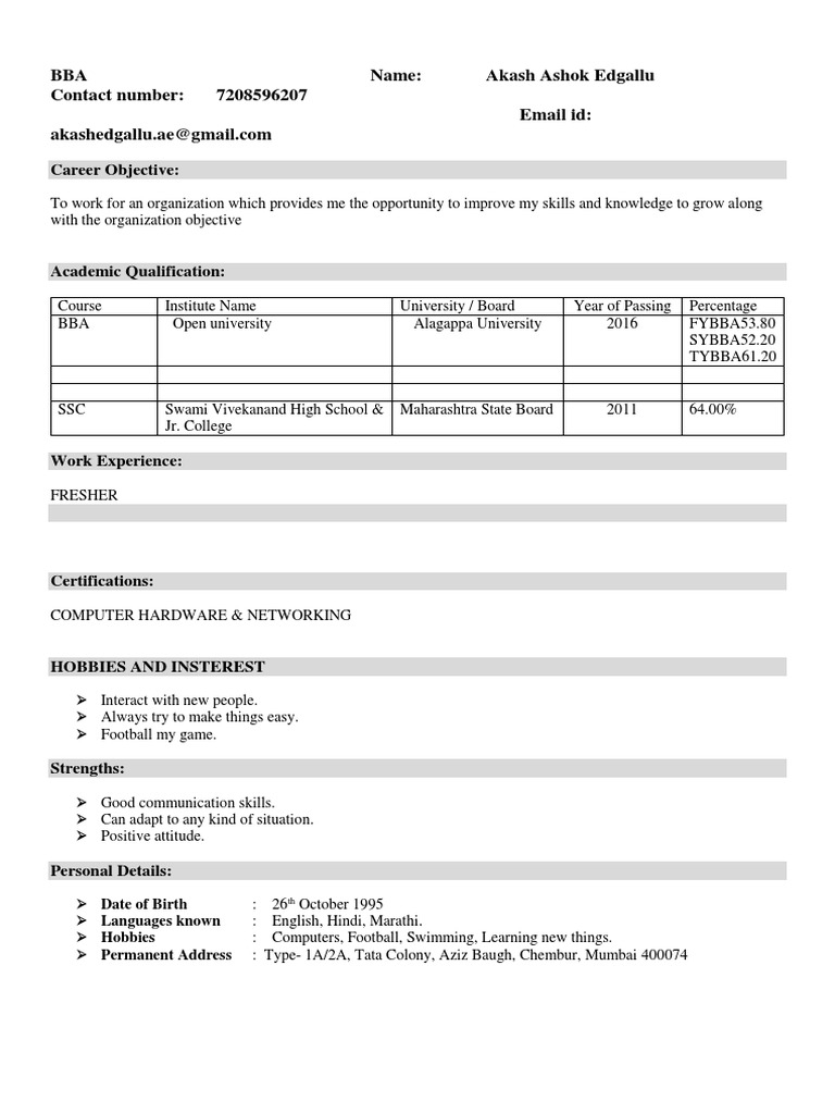 BBA Graduate Resume of Akash Edgallu | PDF | Career & Growth