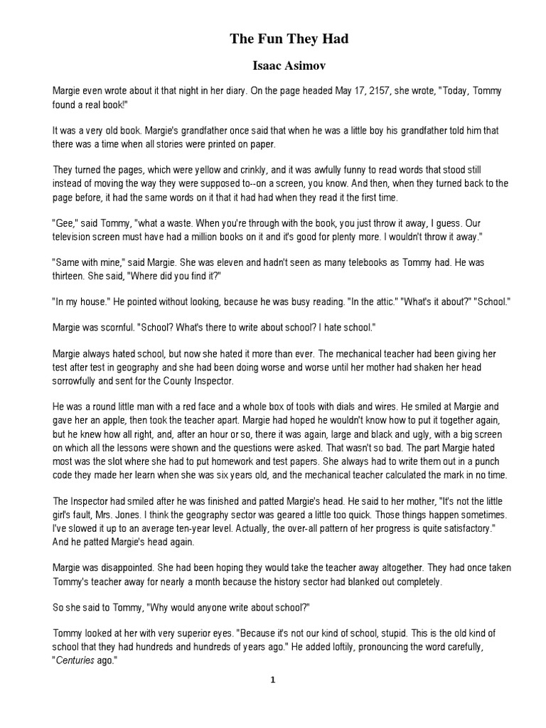 The Fun They Had: Exploring an Intriguing Glimpse into Education in the ...