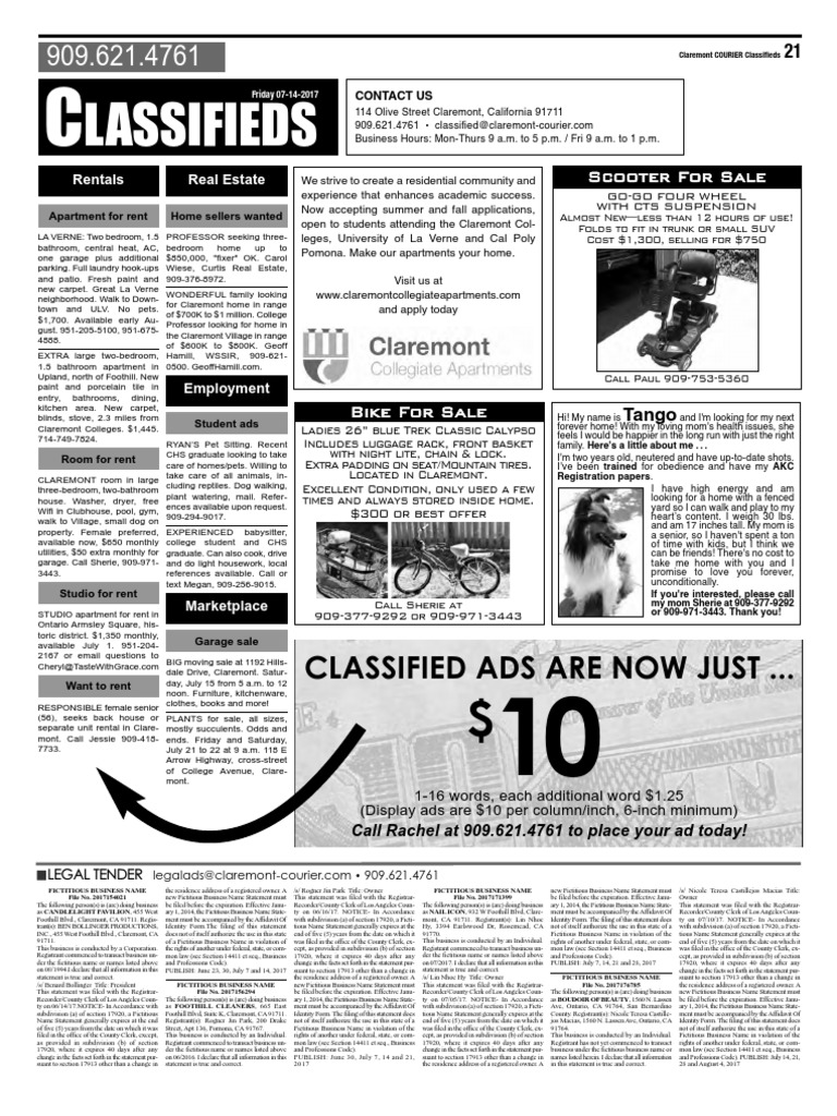 Claremont COURIER Classifieds 7-14-17 | PDF | Trade Name | Masonry
