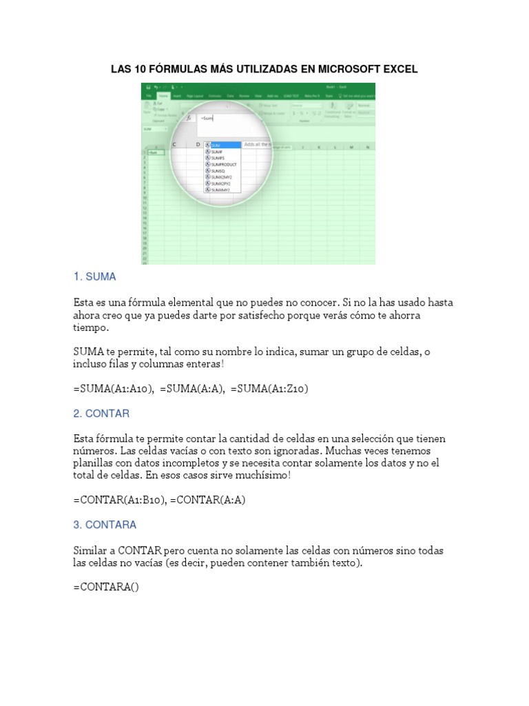 Las 10 Fórmulas Más Utilizadas en Microsoft Excel | Descargar gratis ...