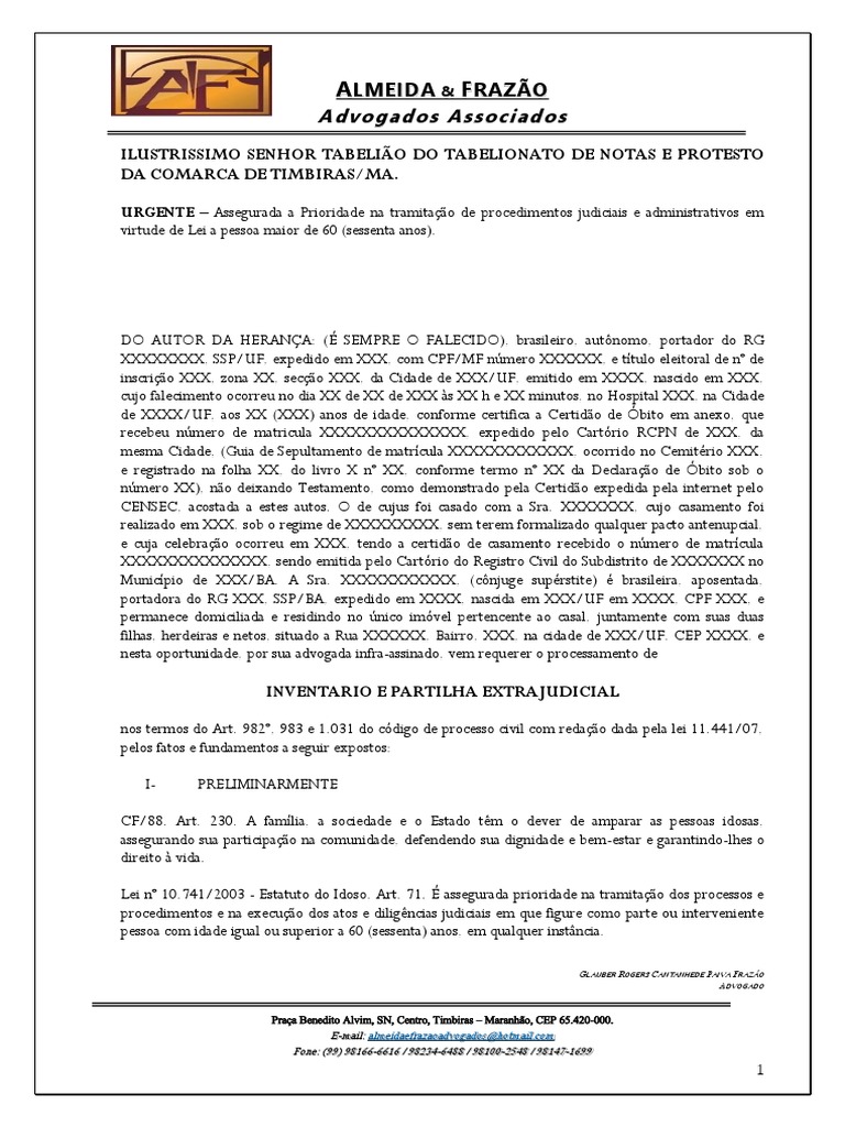 Minuta - Inventário Administrativo - Plano de Partilha - Modelo I | PDF ...