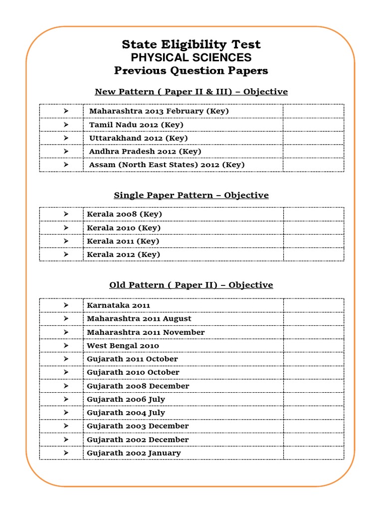 State Eligibility Test: Physical Sciences Previous Question Papers | PDF