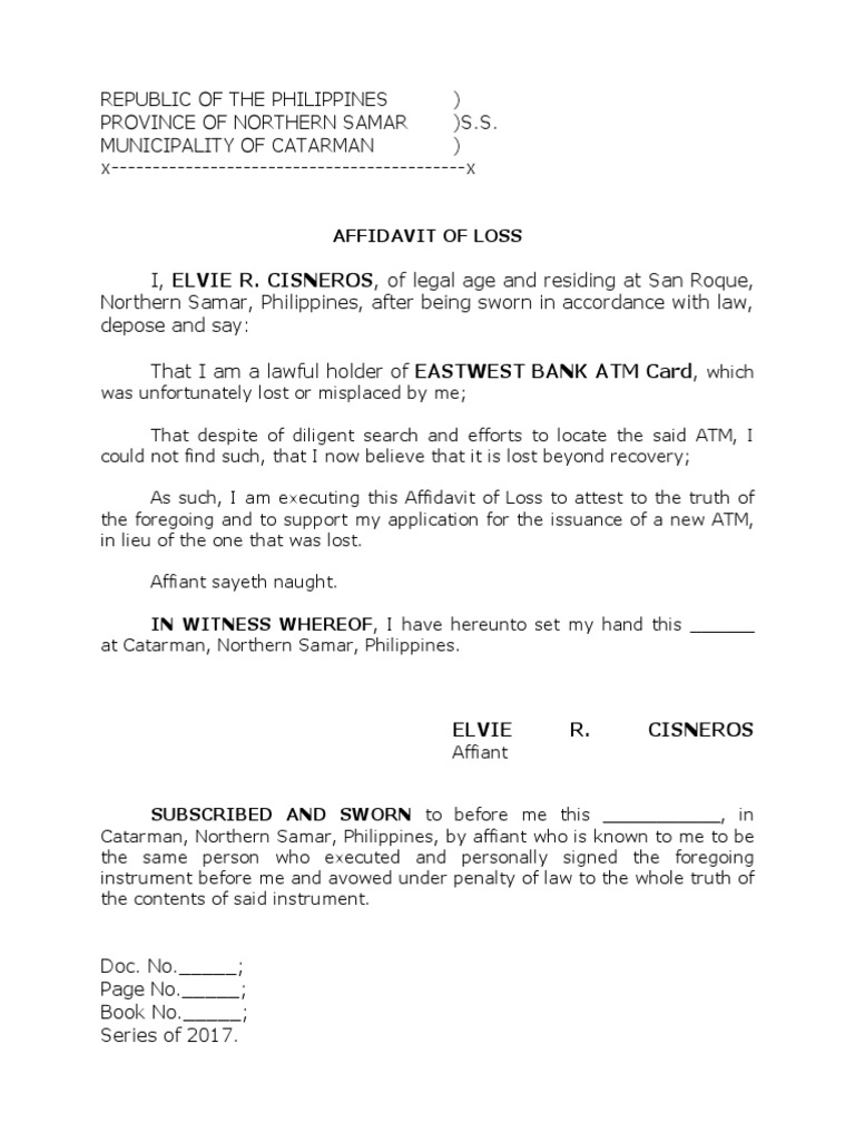 Affidavit of Loss DBP ATM | PDF