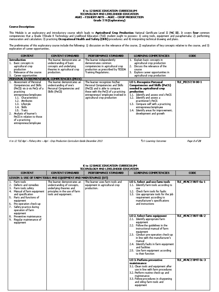 Grade 7 Agri-Crop Production Guide | PDF | Occupational Safety And ...