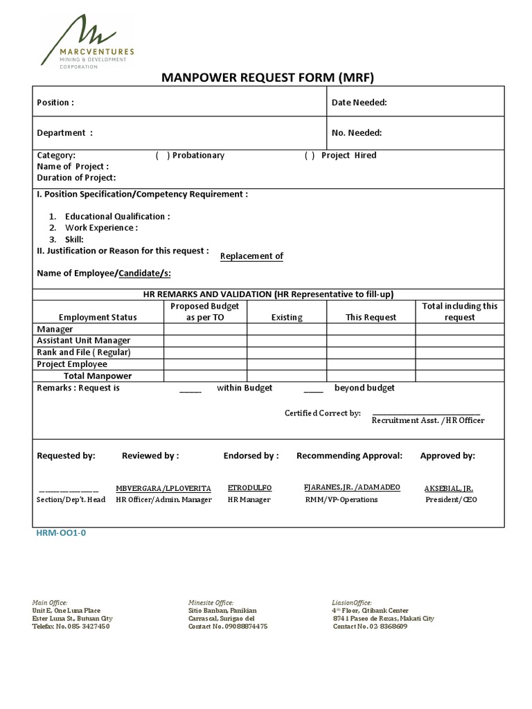 Manpower Request Form (MRF) : HRM-OO1-0 | PDF