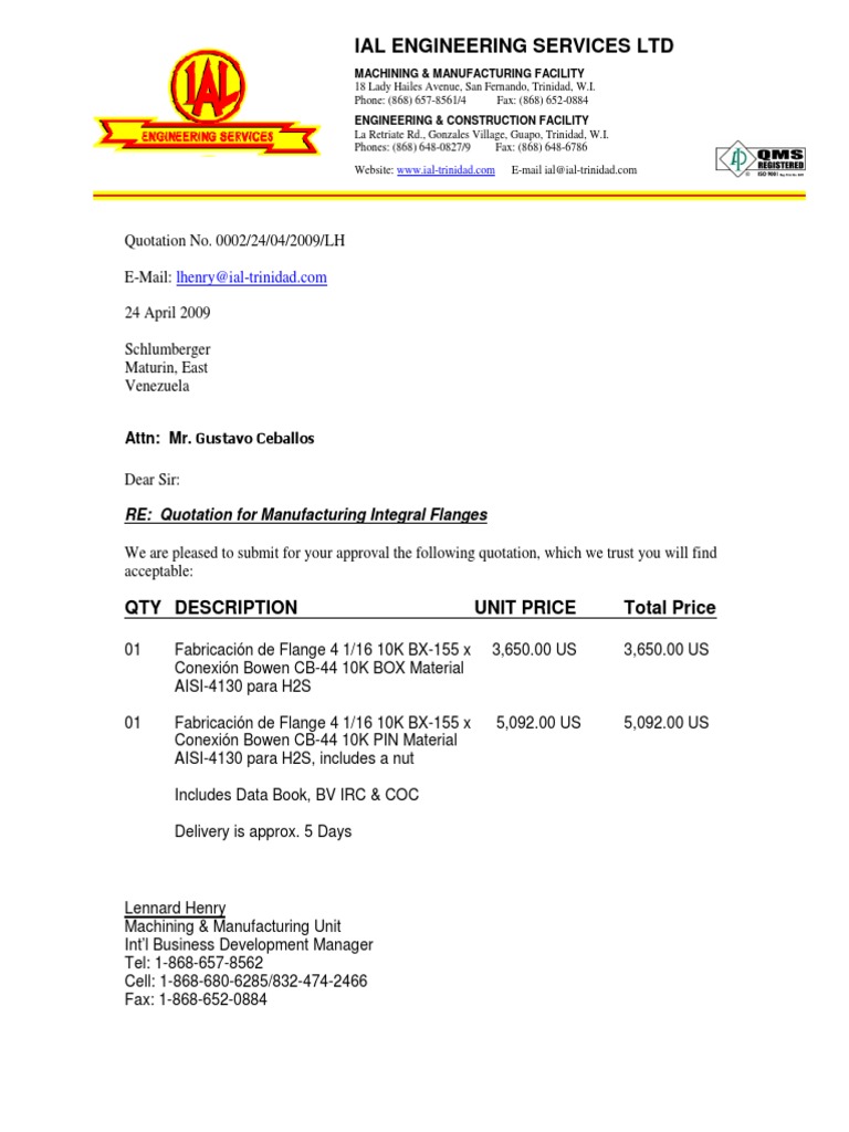 0002 GC SLB Venezuela Integral Flanges Quotation | PDF | Business ...