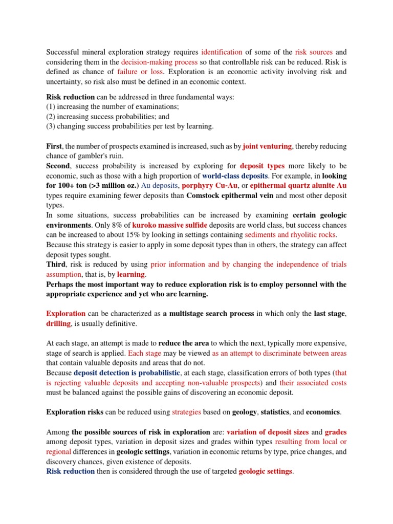 Risk Reduction and Analysis in Mineral Exploration & Development | PDF ...