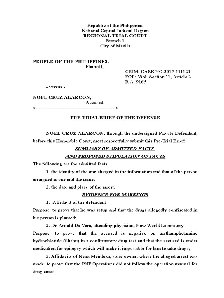 Pre Trial Brief DEFENSE | PDF | Arrest | Social Institutions