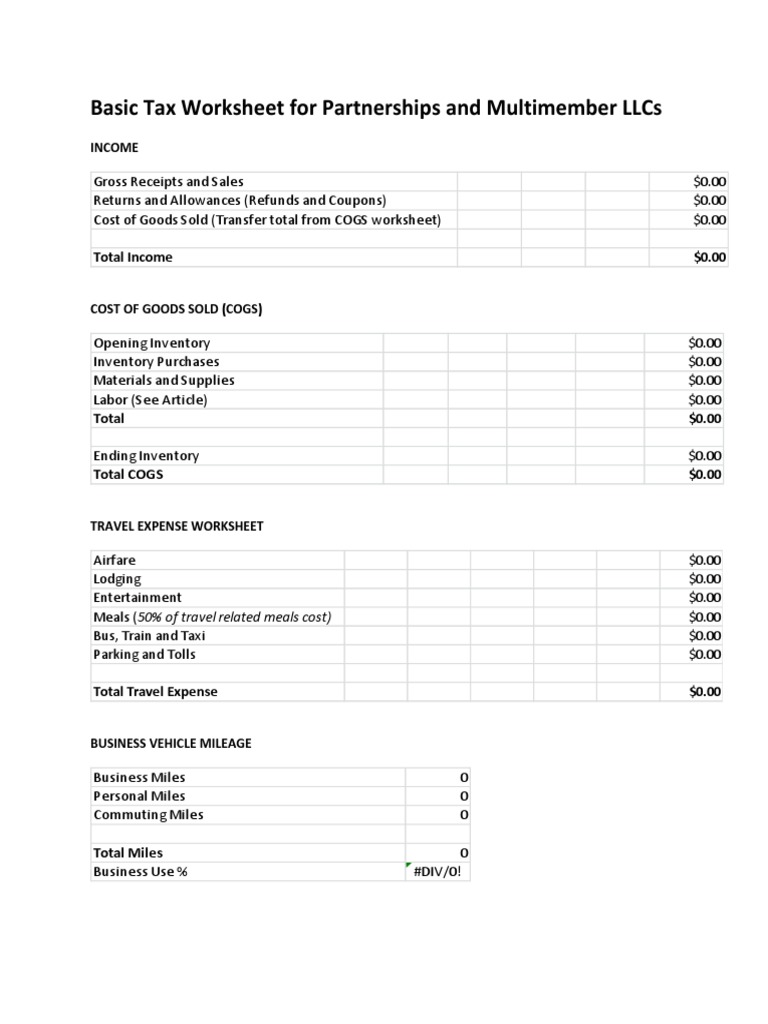 Basic Tax Worksheet For Partnerships and Multimember LLCS: Income | PDF ...