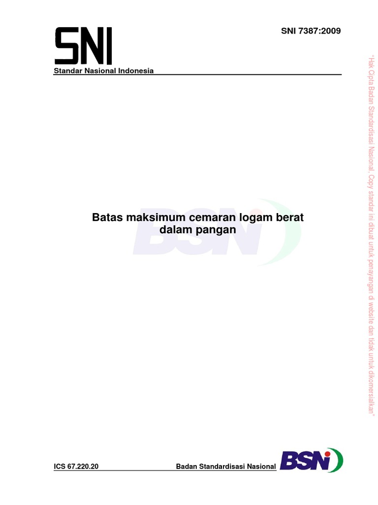 9126 - SNI 7387-2009 Batas Maksimum Cemaran Logam Dalam Bahan Pangan ...