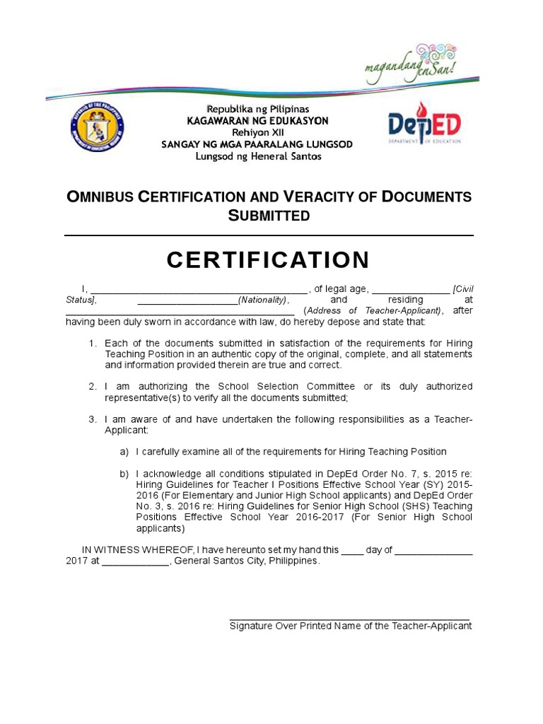 Omnibus Certification for Teacher Applicants | PDF | Identity Document | Government Information