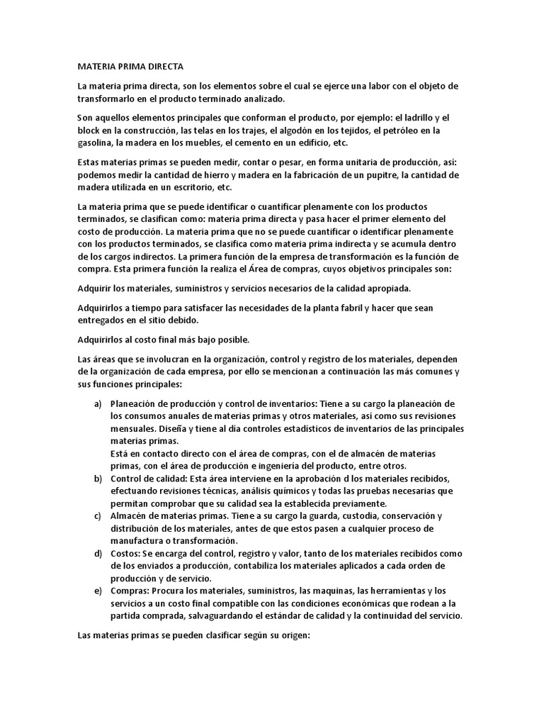 Materia Prima Directa: Elementos Clave | PDF | Materia prima | Industrias