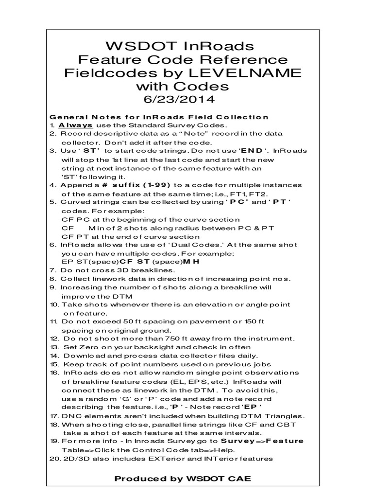 Wsdot Inroads Feature Code Reference Fieldcodes by Levelname With Codes ...