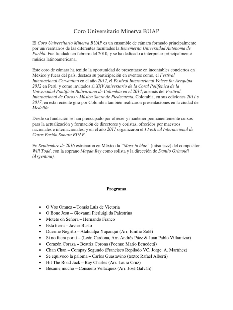 Coro Minerva BUAP: Voces Universitarias | PDF