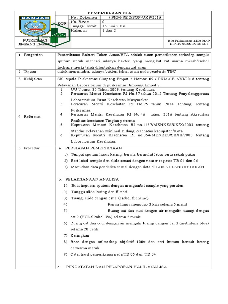 SOP Pemeriksaan BTA | PDF