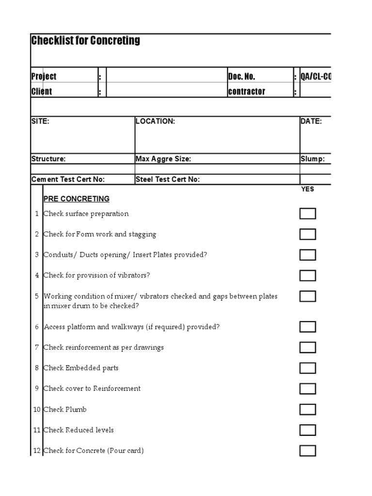 Checklist For Concreting | PDF
