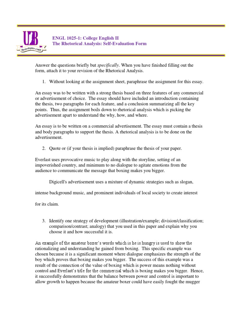 Rhaburn Self-Evaluation-Form Rhetorical-Analysis | PDF | Paragraph | Essays