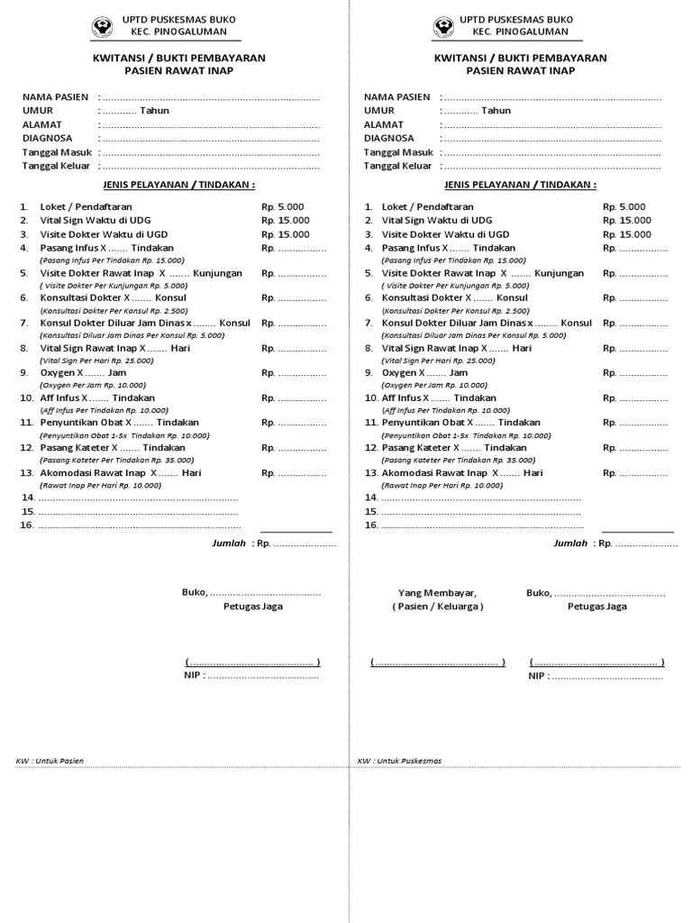 Kwitansi Pembayaran Rawat Inap PKM Buko 2013 | PDF
