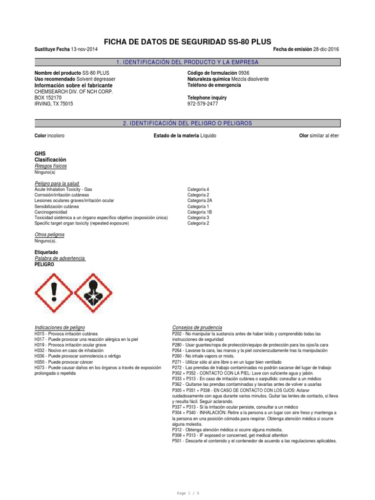 Ss 80 Plus Chemsearch Msds | PDF | Corazón | Cloro