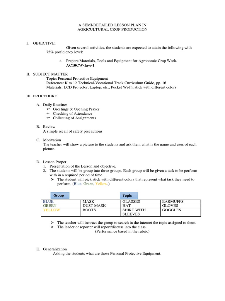 A Semi Detailed | PDF | Personal Protective Equipment | Lesson Plan