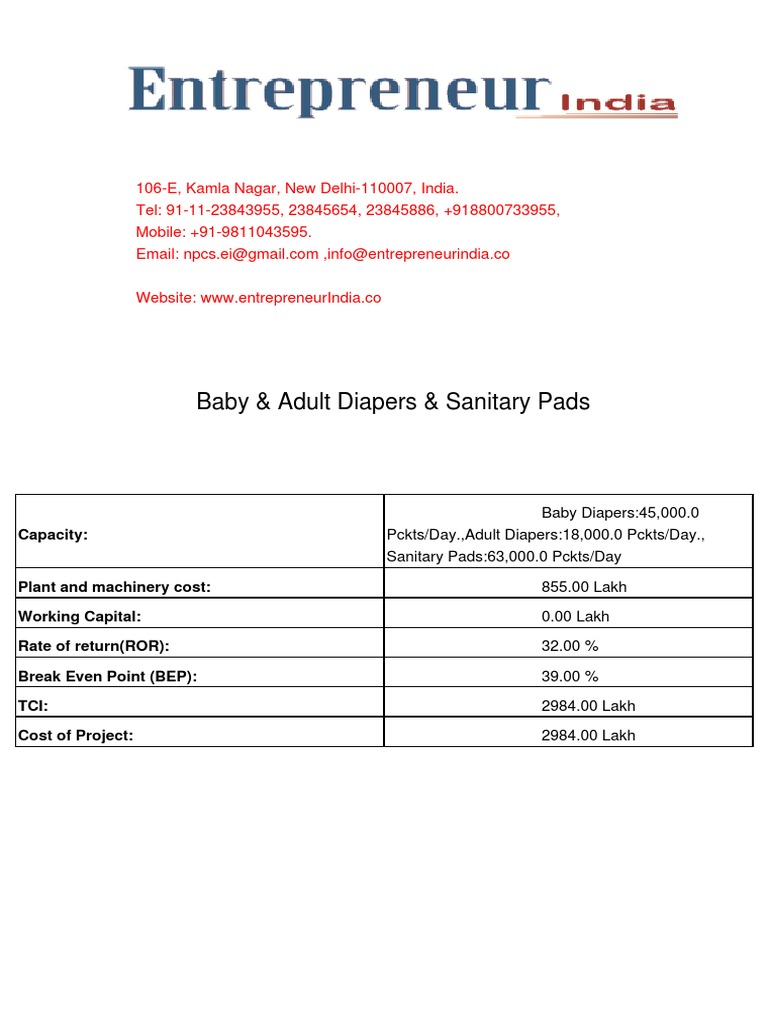 Baby & Adult Diapers & Sanitary Pads Project Report | PDF | Diaper ...